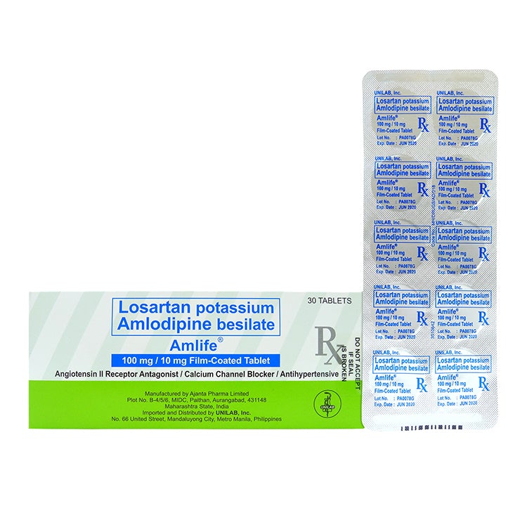 AMLIFE Losartan Potassium / Amlodipine Besilate 100mg / 10mg Film-Coated Tablet 30's price in ...