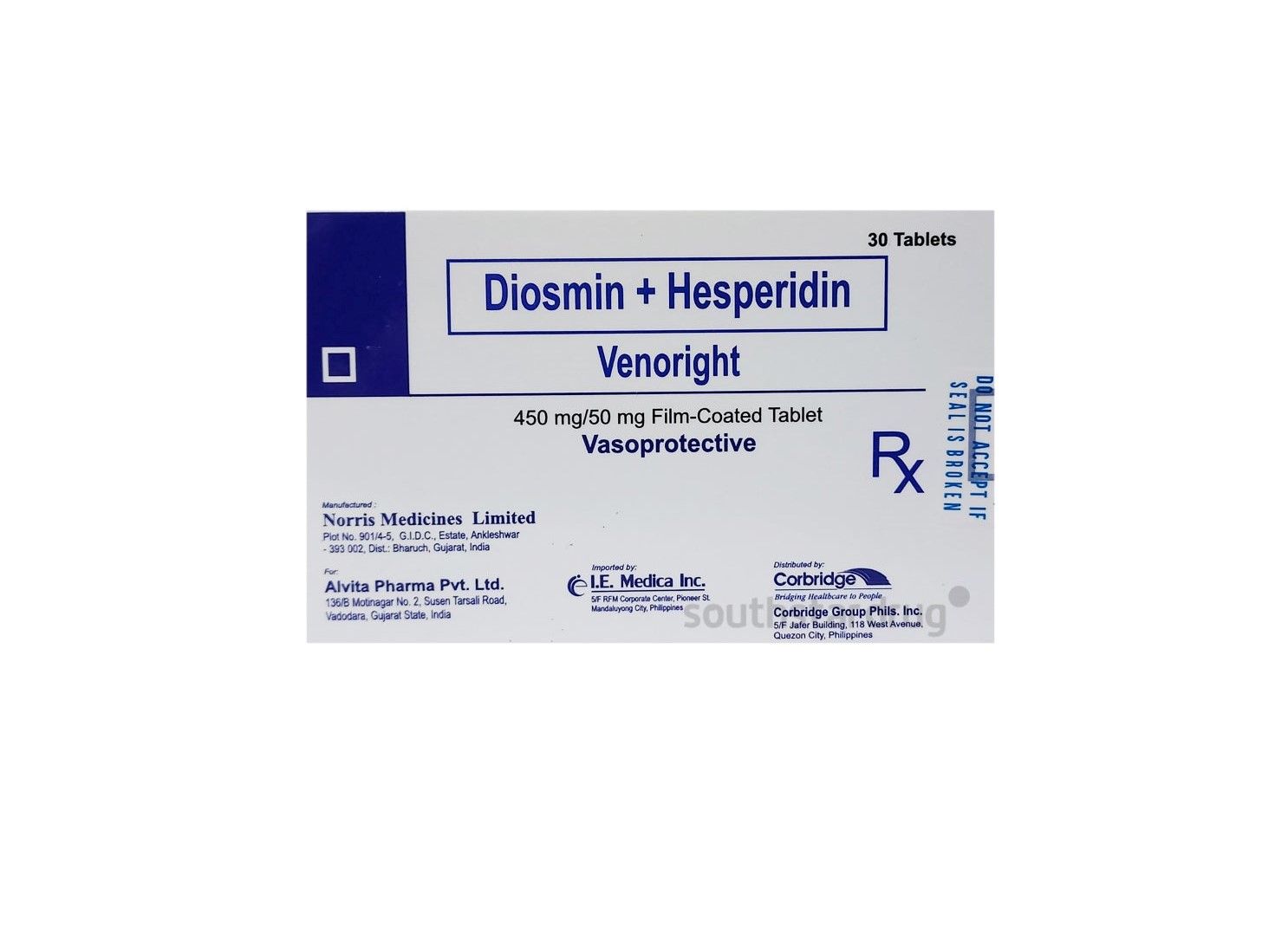 VENORIGHT Diosmin / Hesperidin 450mg / 50mg Film-Coated Tablet 30's ...