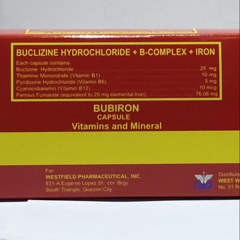 BUBIRON Buclizine Hydrochloride / Vit. B Complex / Iron / Capsule 100's ...