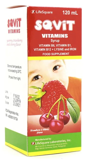 SQVIT Vit. B6 / Vit. B1 / Vit. B12 / Lysine / Iron Syrup 120mL Cherry ...