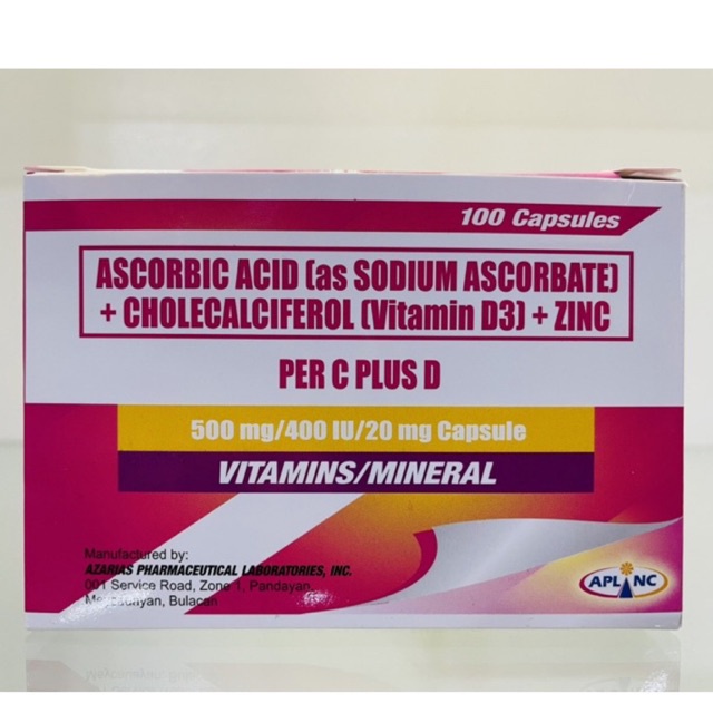 PER C PLUS D Ascorbic Acid / Zinc / Vit. D3 500mg / 400IU / 20mg ...
