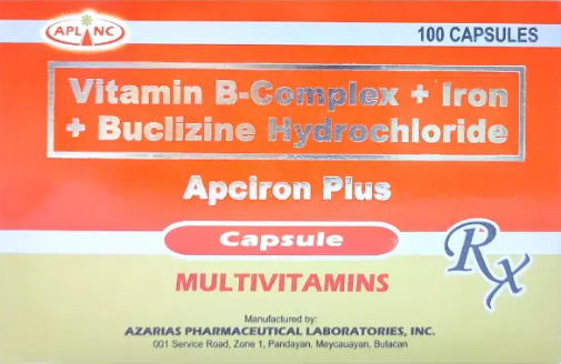 APCIRON PLUS Vitamin B Complex / Iron / Buclizine Hydrochloride Capsule ...