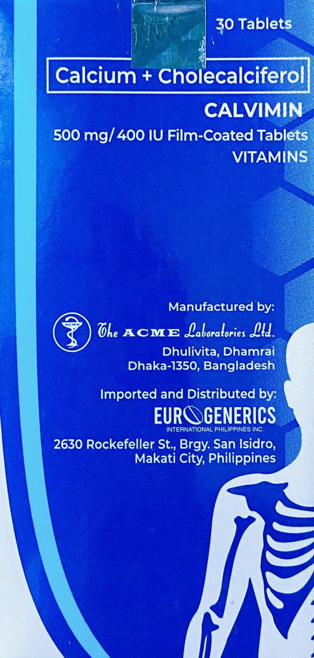 CALVINIM Calcium / Cholecalciferol (Vit. D3) 500mg / 400IU Tablet 30's ...