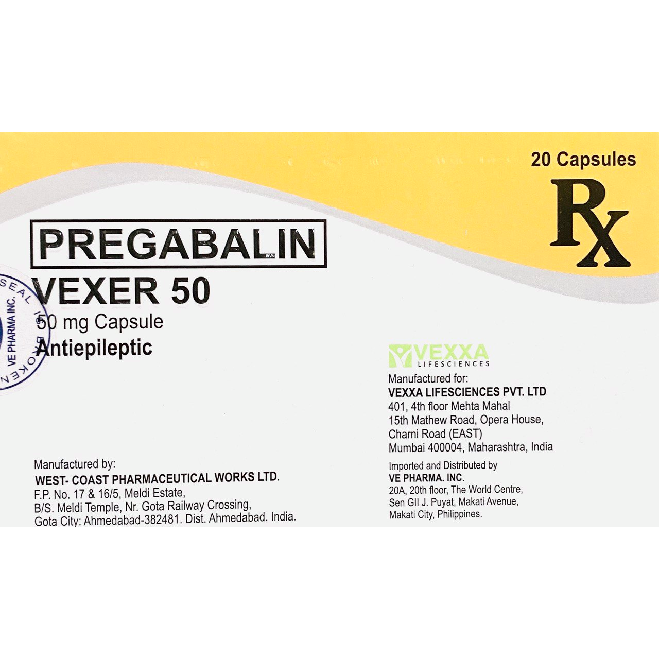 VEXER 50 Pregabalin 50mg Capsule 20's price in the Philippines | MedsGo ...