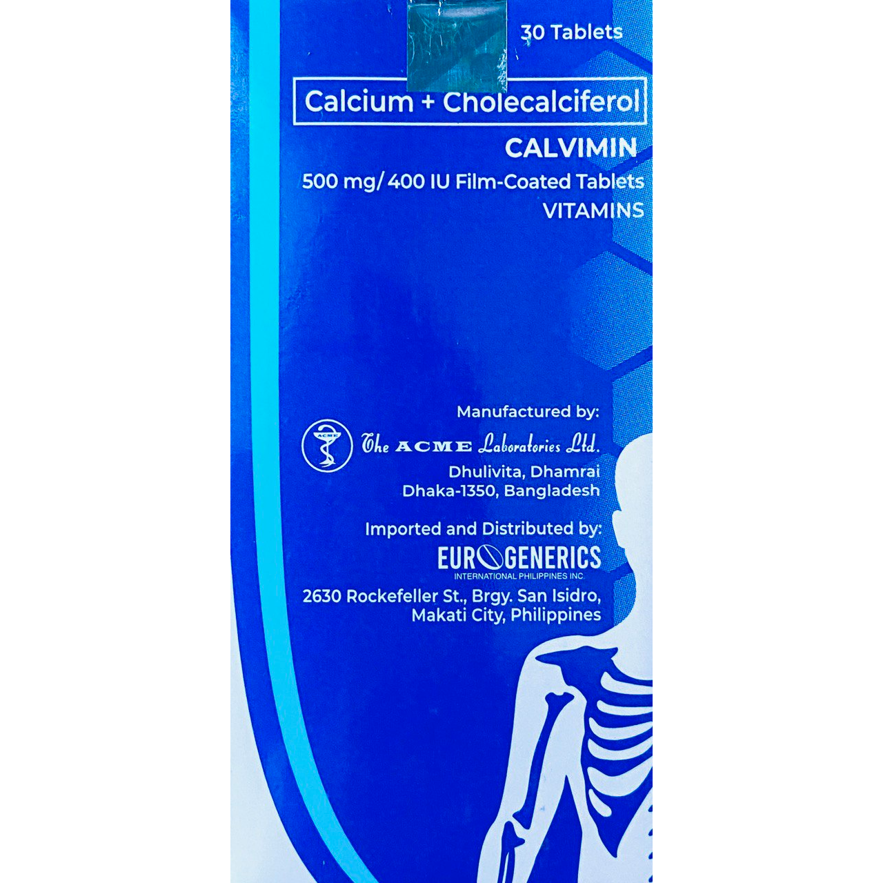 CALVINIM Calcium / Cholecalciferol (Vit. D3) 500mg / 400IU Tablet 30's ...