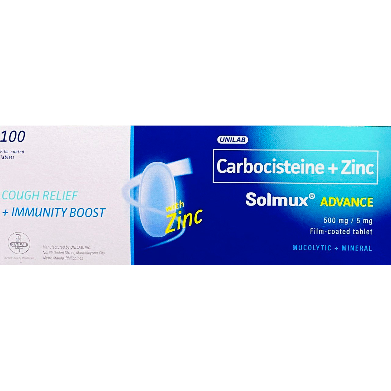 SOLMUX ADVANCE Carbocisteine / Zinc 500mg / 5mg Film-Coated Tablet 1's ...