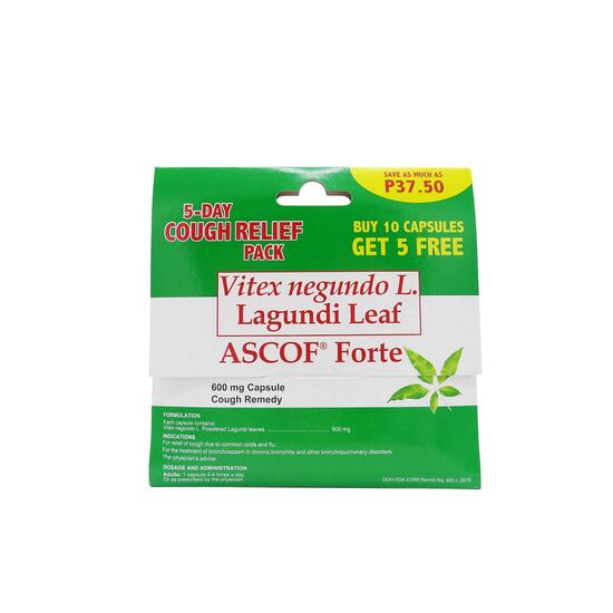 ASCOF FORTE Vitex Negundo L. (Lagundi Leaf) 600mg Capsule 1's price in ...