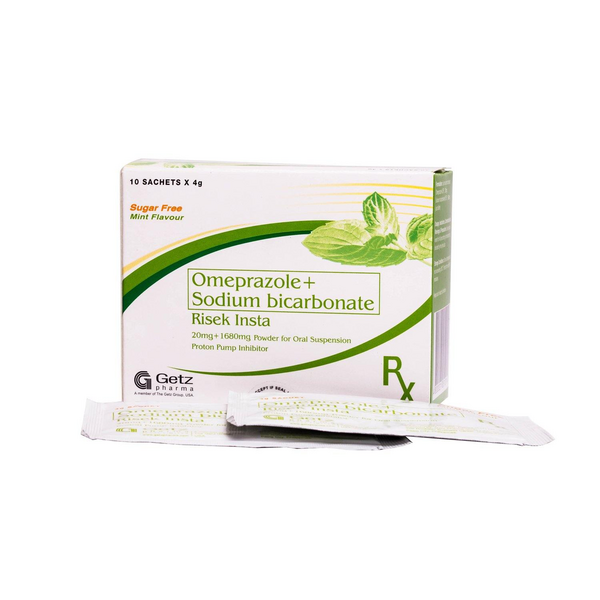 Risek Insta Omeprazole Sodium Bicarbonate 20mg 1680mg Powder For Oral Suspension 4g 10s