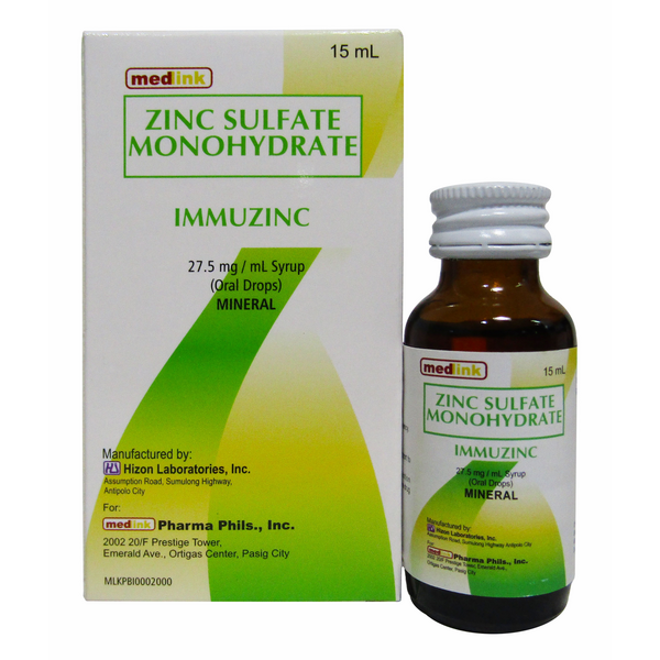 IMMUZINC Zinc Sulfate Monohydrate 27.5mg / mL Syrup (Oral Drops) 15mL price in the Philippines ...