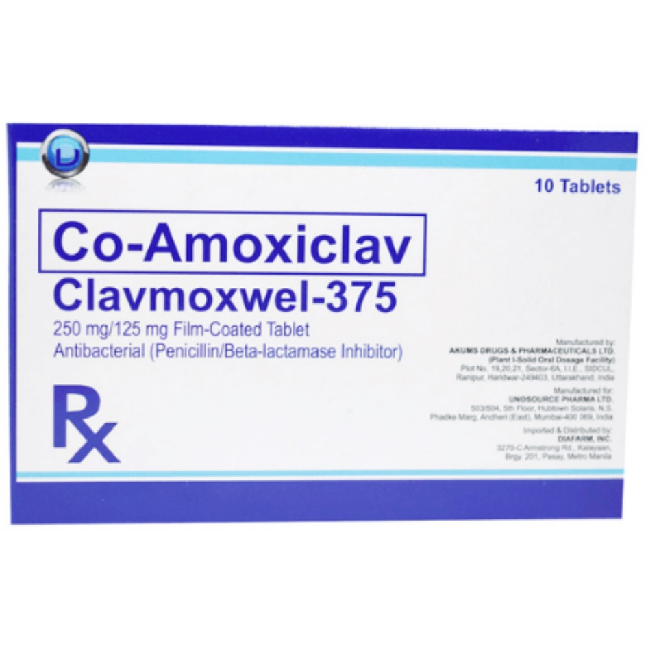 CLAVMOXWEL-375 Co-Amoxiclav 250mg / 125mg Film-Coated Tablet 10's price in the Philippines ...